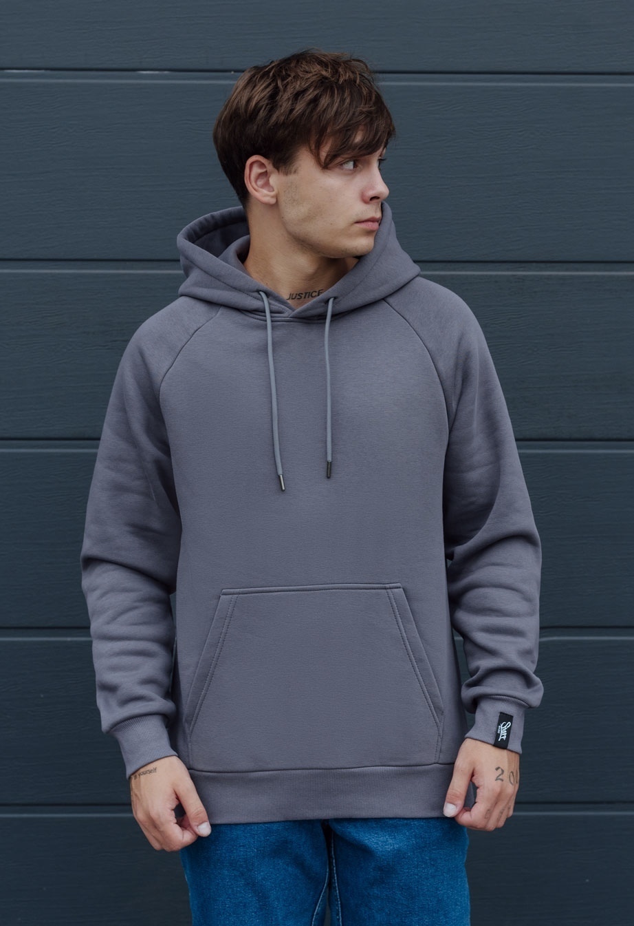 Худі чоловіче Staff gray blue basic fleece oversize сірувато-блакитне на флісі тепле базове ...