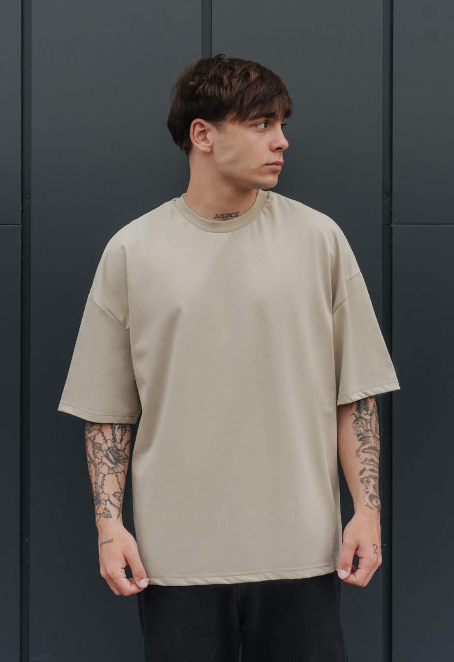 Футболка чоловіча Staff beige olive oversize basic бежево-оливкова однотонна оверсайз стильна ...