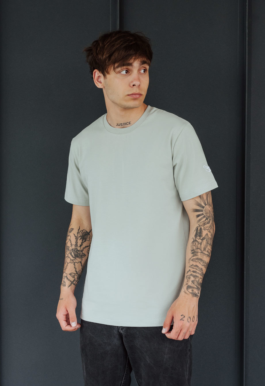 Футболка чоловіча Staff light gray olive logo сіро-оливкового кольору для хлопця однотонна з ...