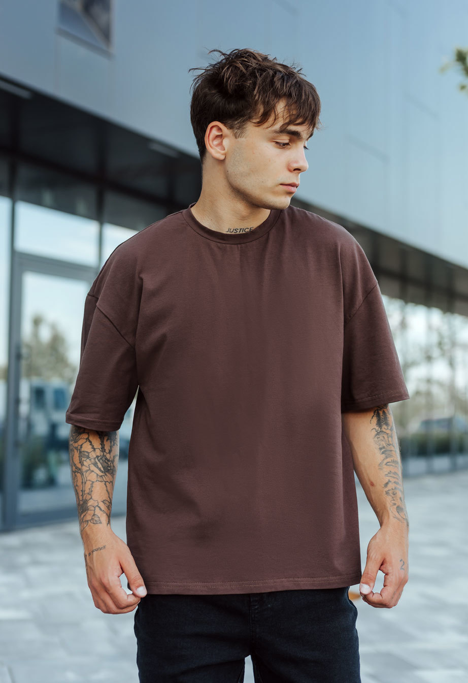 Чоловіча футболка Staff dark brown oversize темно-коричнева бавовняна молодіжна однотонна ...