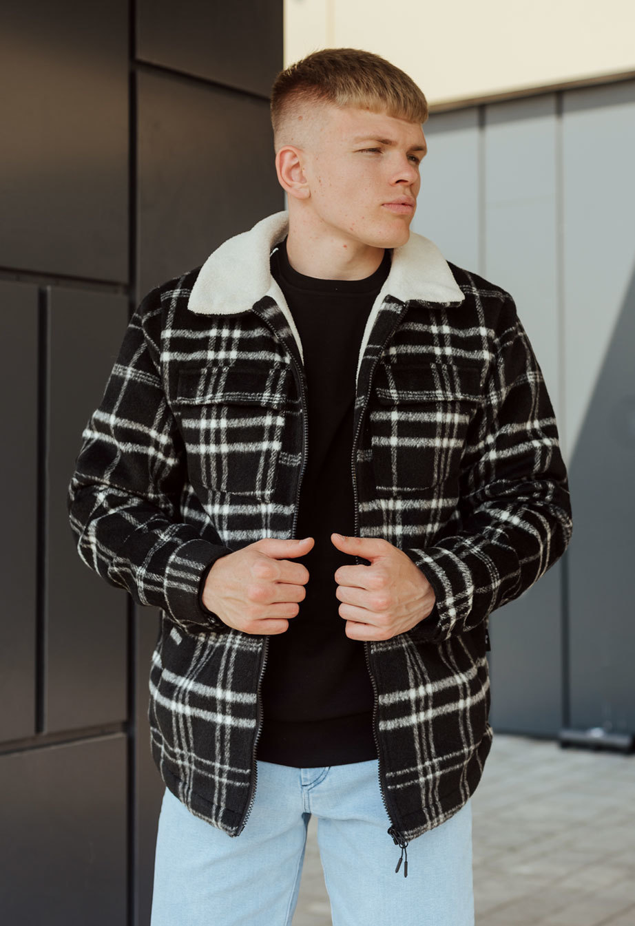 Куртка сорочка чоловіча з хутром Staff Ra C1 чорно біла демісезонна тепла в клітинку модна ціна
