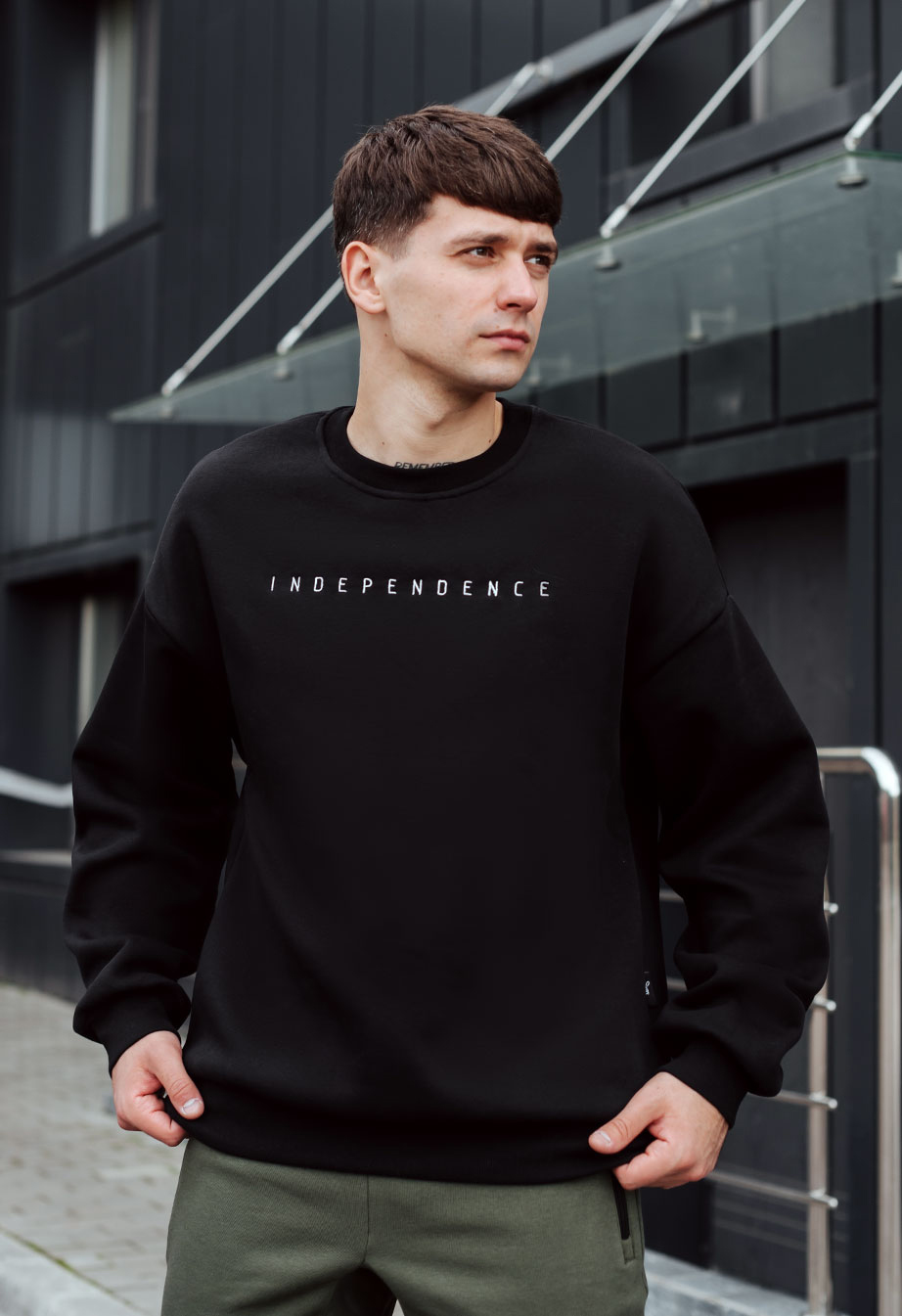 Світшот чоловічий Staff independence oversize fleece чорний з надписом оверсайз бавовняний на ...