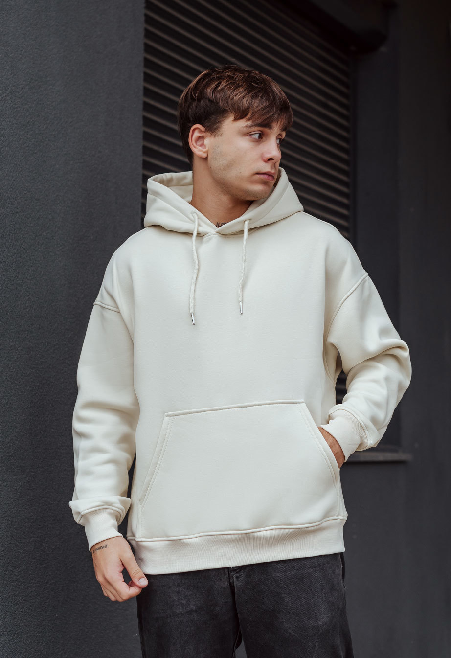 Чоловіче худі Staff milk oversize fleece молочного кольору однотонне оверсайз на флісі тепле ...