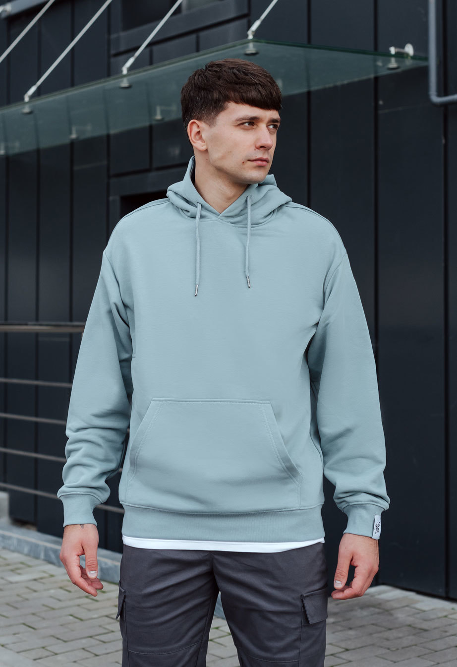 Толстовка чоловіча Staff light blue basic oversize fleece світло-синя бавовняна модна базова ...