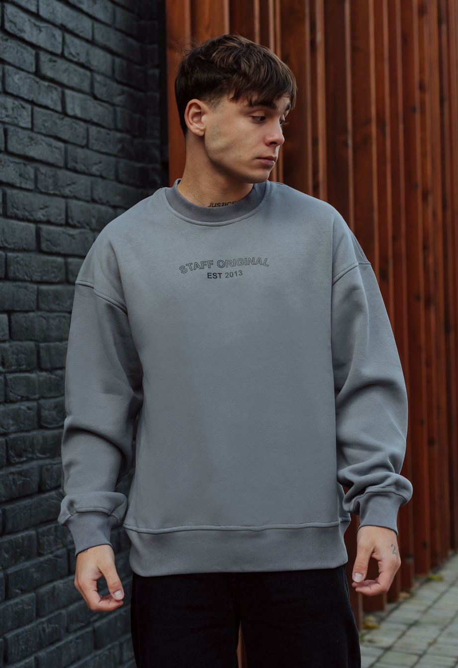 Світшот чоловічий Staff gray original oversize fleece сірий на флісі з логотипом бавовняний ...
