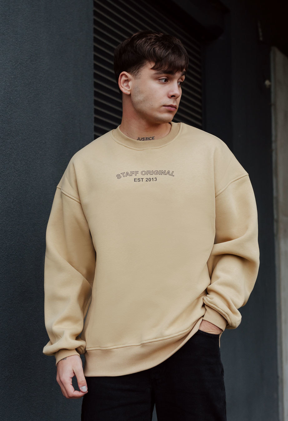 Світшот чоловічий Staff beige original oversize fleece бежевий бавовняний з логотипом для хлопця ...