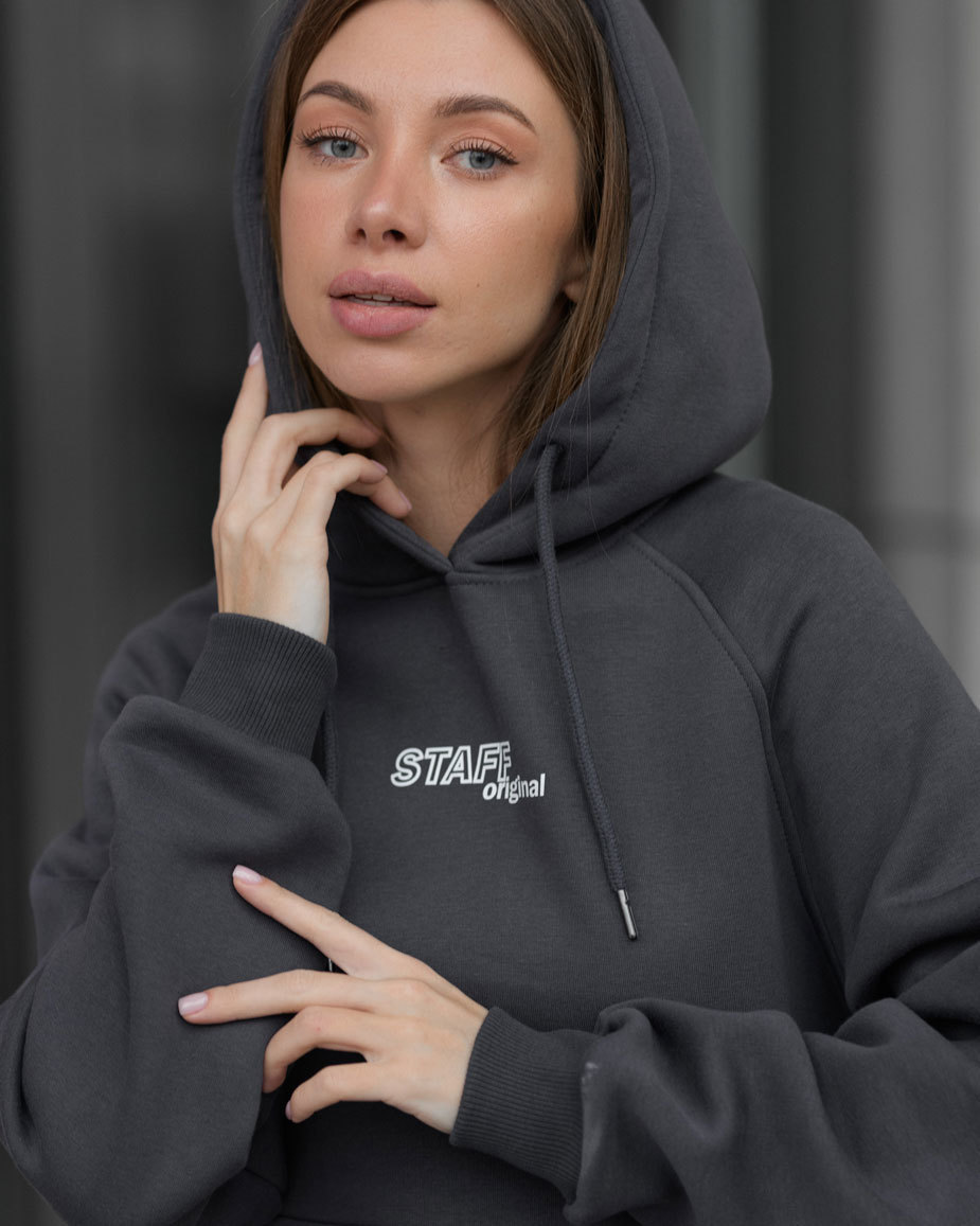 Толстовка жіноча Staff original dark gray oversize fleece темно-сіра на флісі тепла з логотипом ...
