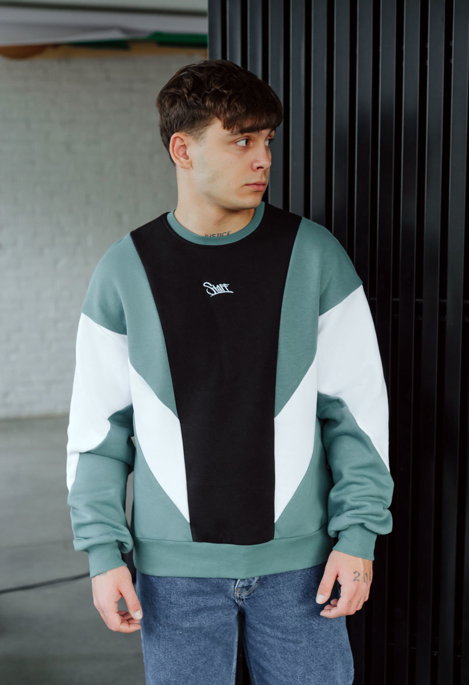 Світшот чоловічий Staff retro turquoise oversize fleece бірюзово-біло-чорного кольору оверсайз ...