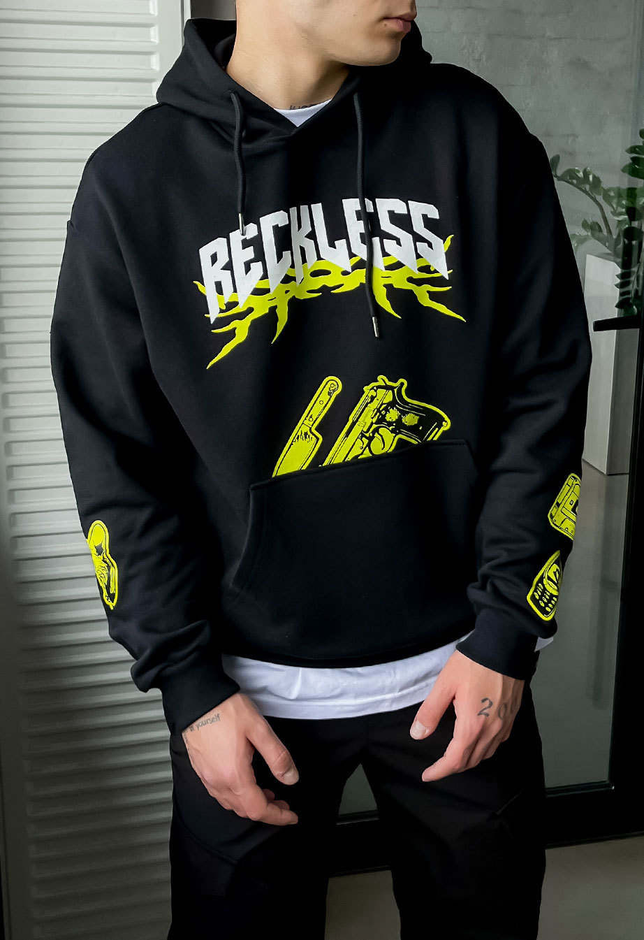 Толстовка чоловіча Staff beckless oversize чорна бавовняна з надписом оверсайз з принтом ...
