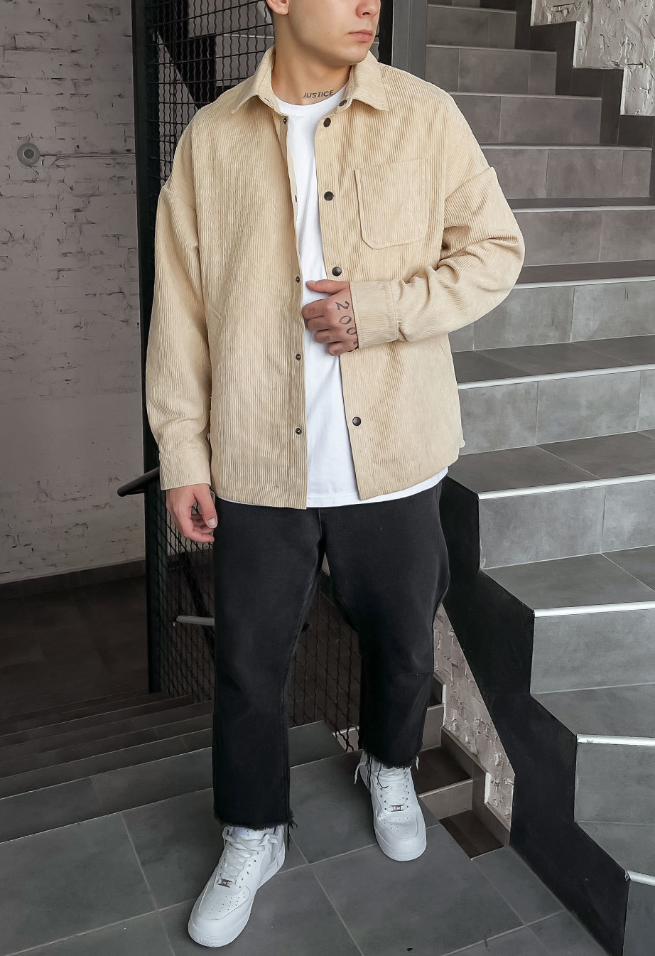 Сорочка чоловіча Staff velvet beige бежева тепла з комірцем брендова з ...