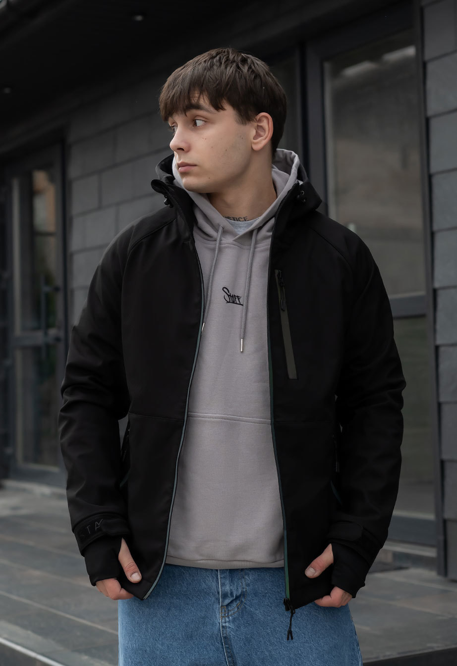 Чоловіча куртка Staff bu soft shell reflective (defect) чорна модна з логотипом легка з ...