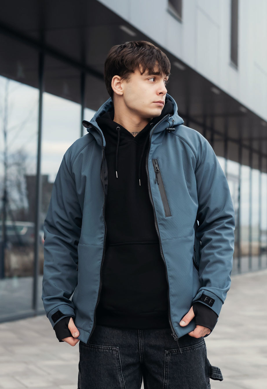 Чоловіча куртка Staff bu soft shell blue синя подовжена демісезонна водонепроникна з капюшоном з ...