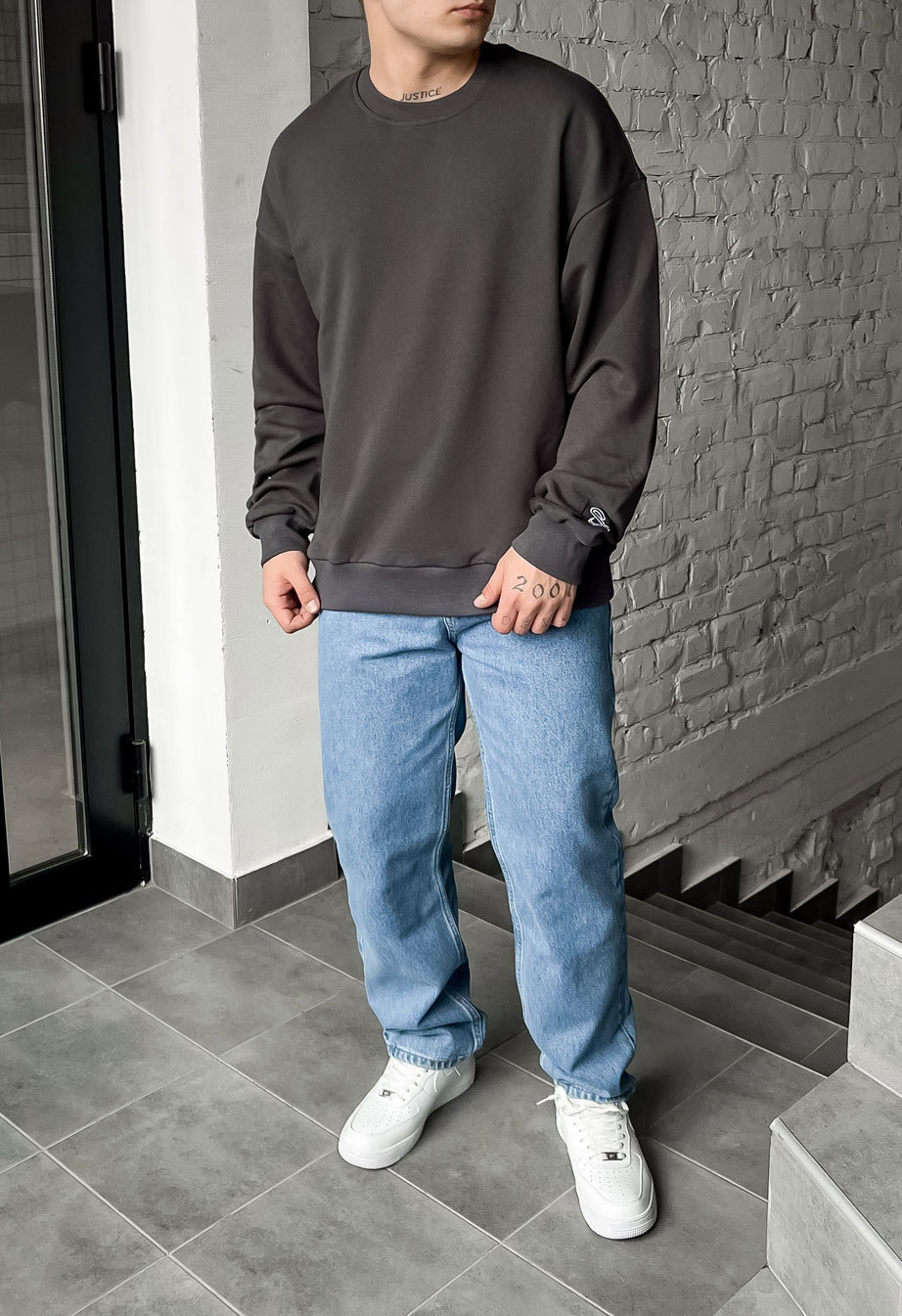 Світшот чоловічий Staff s dark gray oversize темно-сірий з надписом стильний оверсайз бавовняний ...