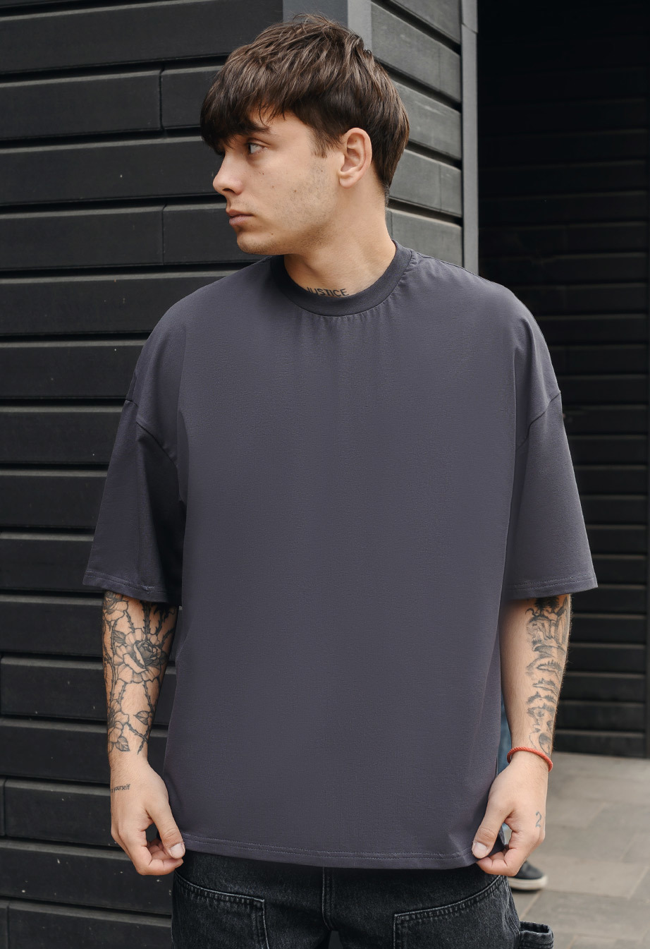 Футболка чоловіча Staff dark gray basic oversize темно-сіра базова для підлітка однотонна ...
