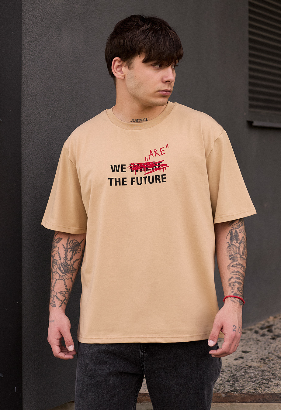 Футболка чоловіча Staff future oversize бежева для підлітка з надписом оверсайз купити