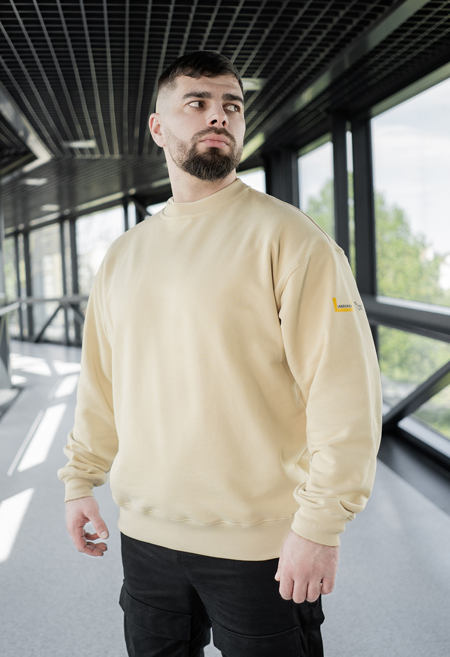 Світшот чоловічий Staff x Unbroken beige oversize бежевий з принтом бавовняний з надписом ...