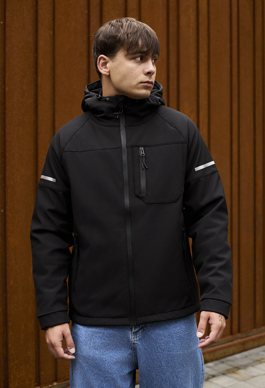 Чоловіча куртка Staff soft shell bo black reflective чорна рефлективна модна з капюшоном ...
