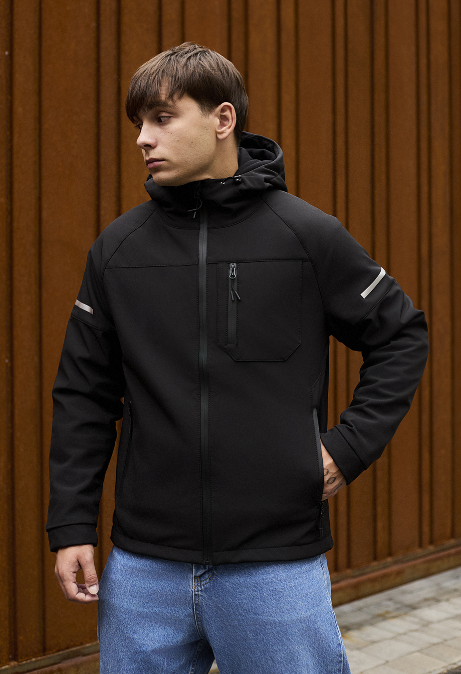 Чоловіча куртка Staff soft shell bo black reflective чорна рефлективна модна з капюшоном ...