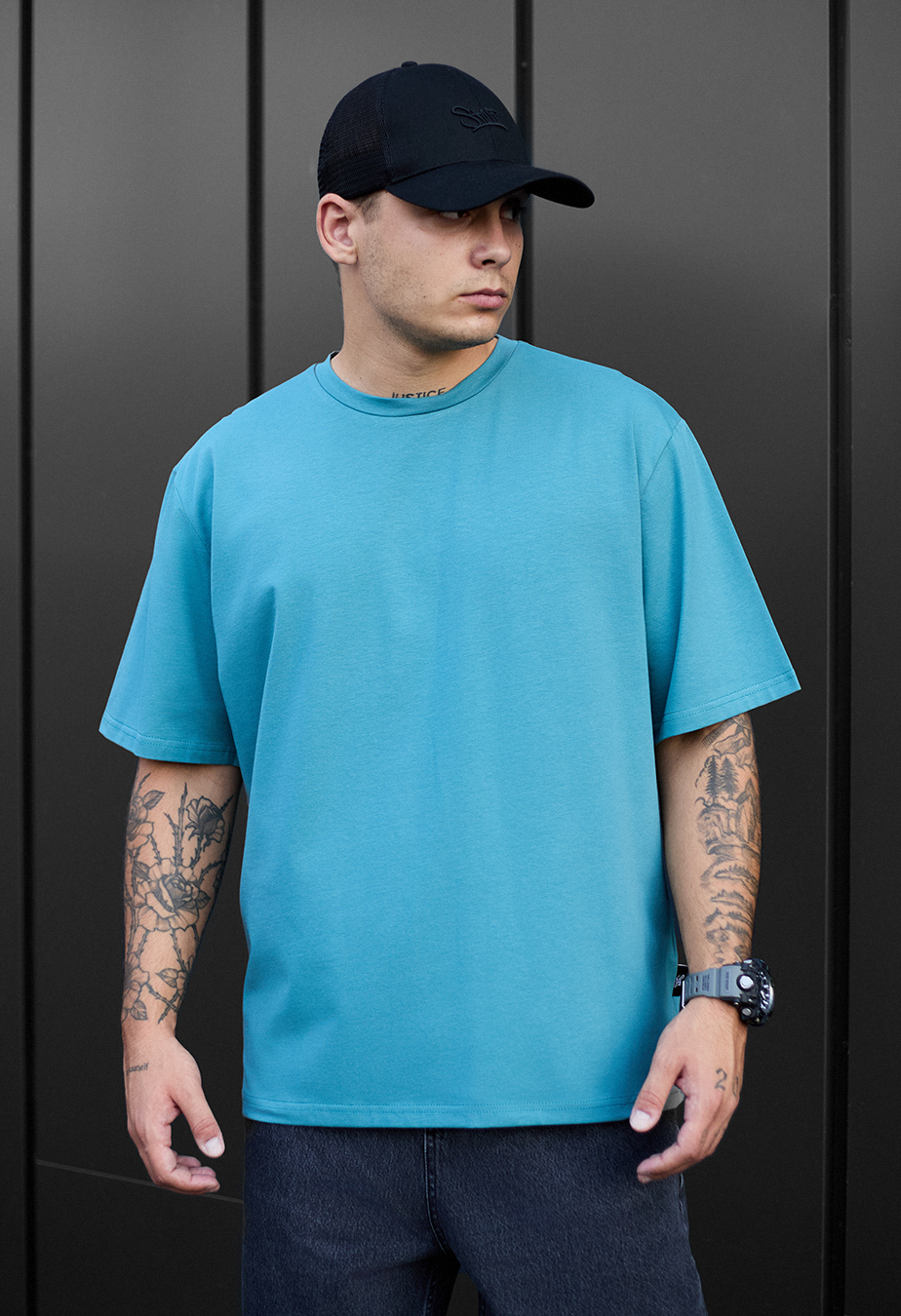Чоловіча футболка Staff blue turquoise oversize синьо-бірюзового кольору молодіжна оверсайз ...