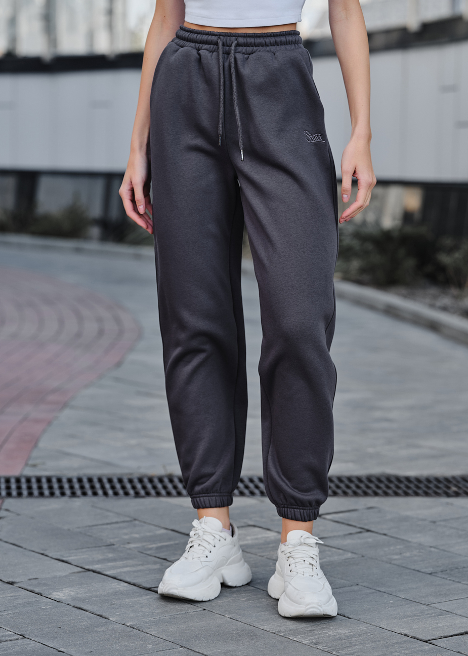 Джогери жіночі Staff nova dark gray fleece темно-сірі модні теплі бавовняні на флісі з логотипом ...