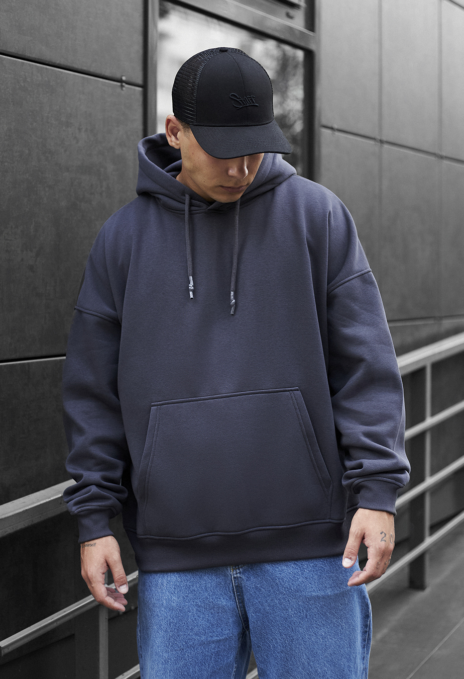 Толстовка чоловіча Staff dark gray oversize fleece темно-сіра однотонна тепла недорога бавовняна ...