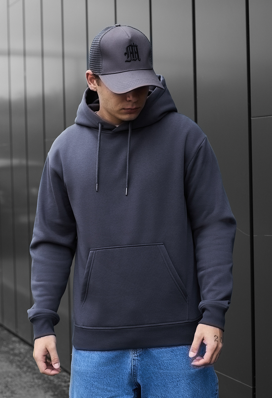 Худі чоловіче Staff dark gray fleece темно-сіре однотонне на флісі для підлітка бавовняне ...