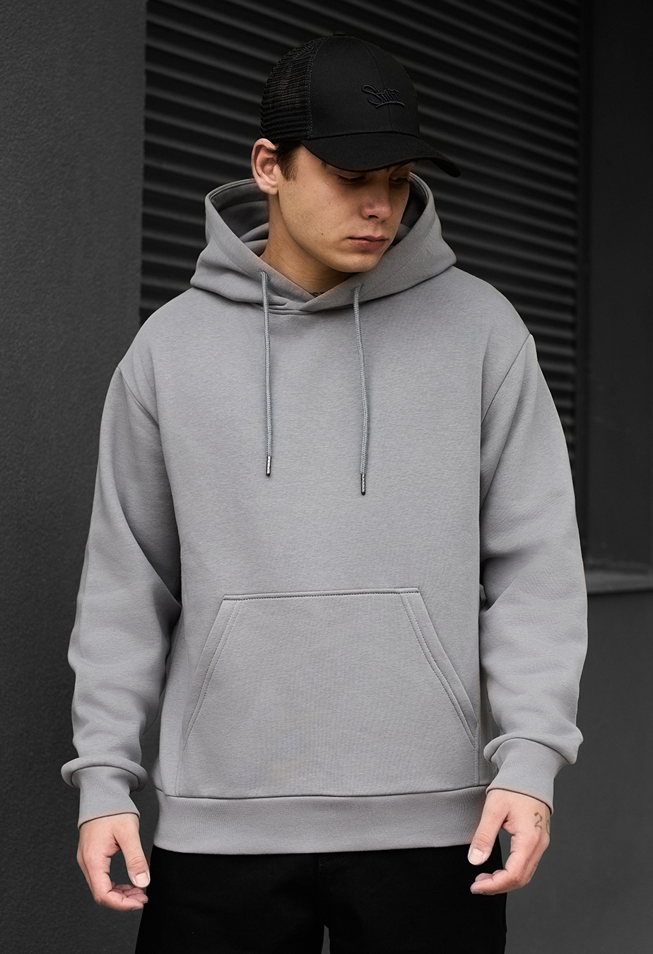 Чоловіче худі Staff gray logo oversize fleece сіре тепле з логотипом на флісі модне бавовняне ...