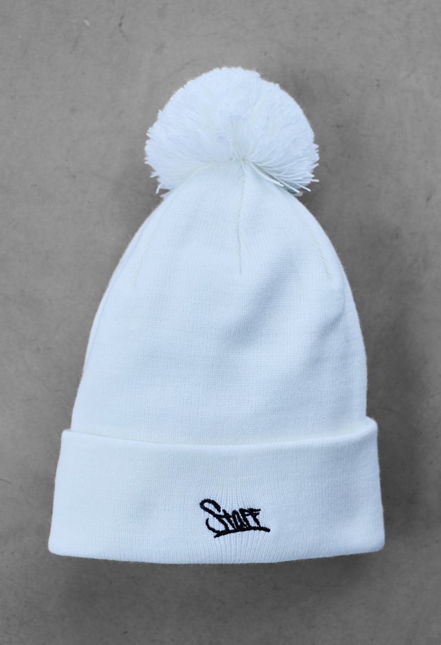 Шапка чоловіча Staff logo white pompon біла з логотипом тепла з ...