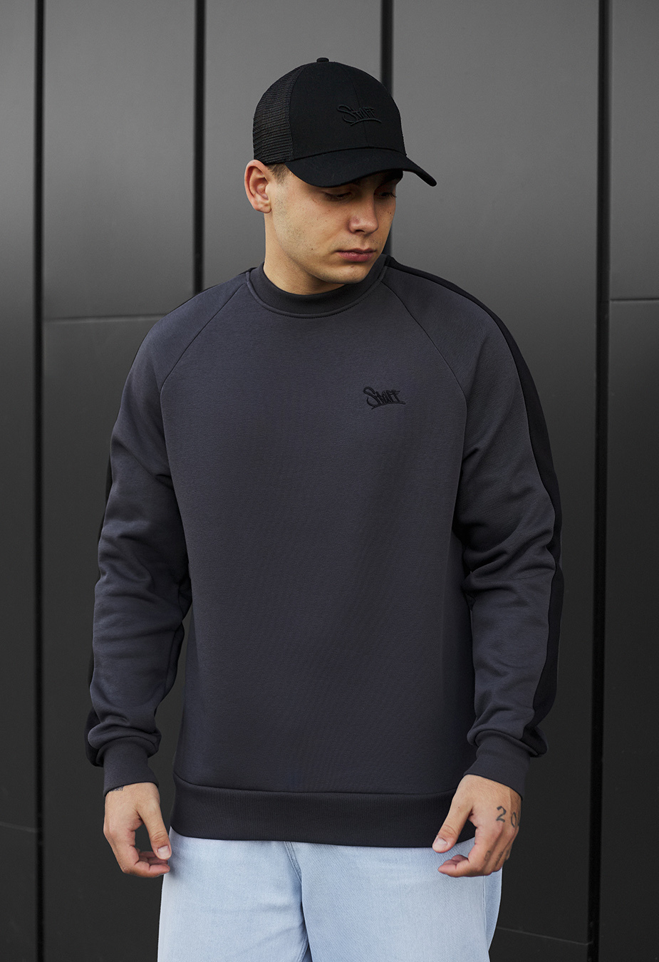Світшот чоловічий Staff dark gray line logo fleece темно-сірий/чорний на флісі для хлопця ...