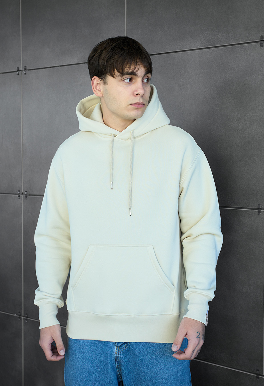 Толстовка чоловіча Staff milk basic oversize fleece молочного кольору базова утеплена оверсайз ...