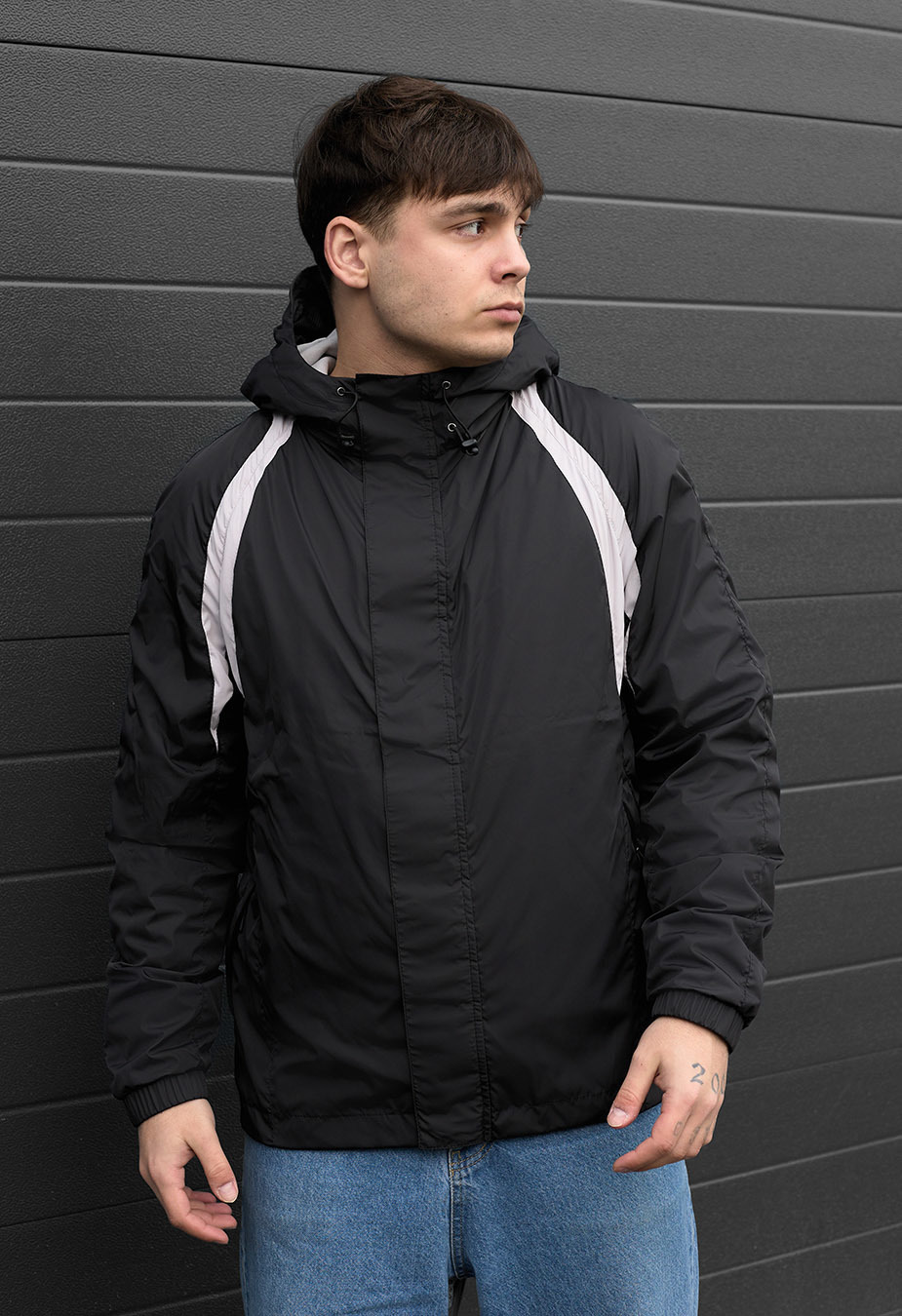 Вітровка чоловіча Staff lomz black & light gray чорний/світло-сірий з капюшоном з логотипом ...