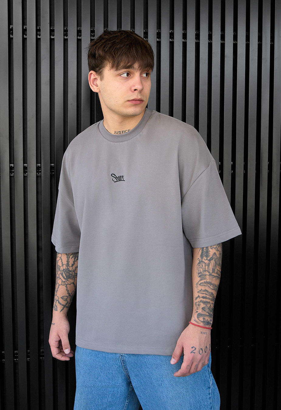 Футболка чоловіча Staff gray logo oversize сіра оверсайз брендова з логотипом ціна