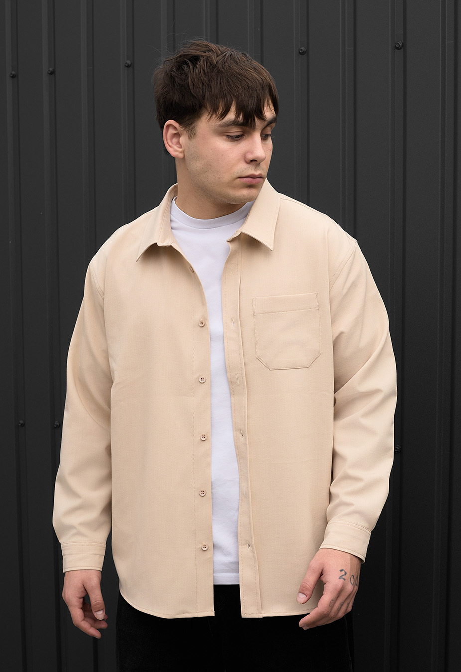 Сорочка чоловіча Staff co beige oversize бежева оверсайз для хлопця з комірцем з довгим рукавом ...