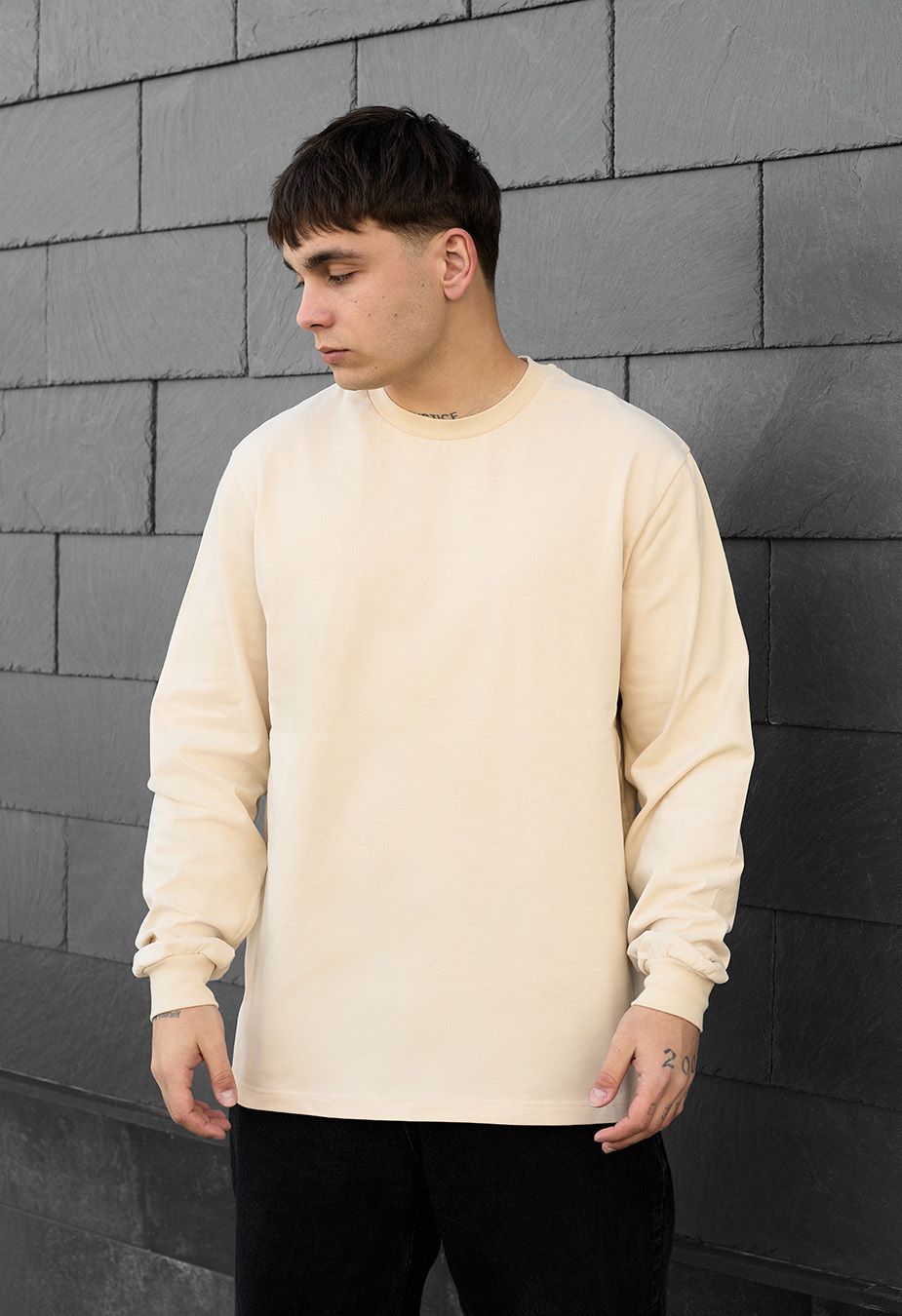 Лонгслів чоловічий Staff milk oversize молочного кольору однотонний брендовий оверсайз ...