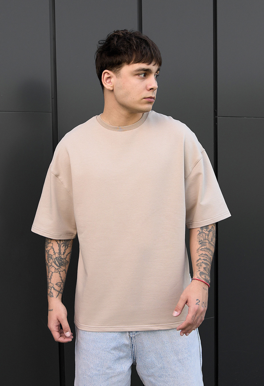 Футболка чоловіча Staff beige oversize premium бежева недорога оверсайз купити