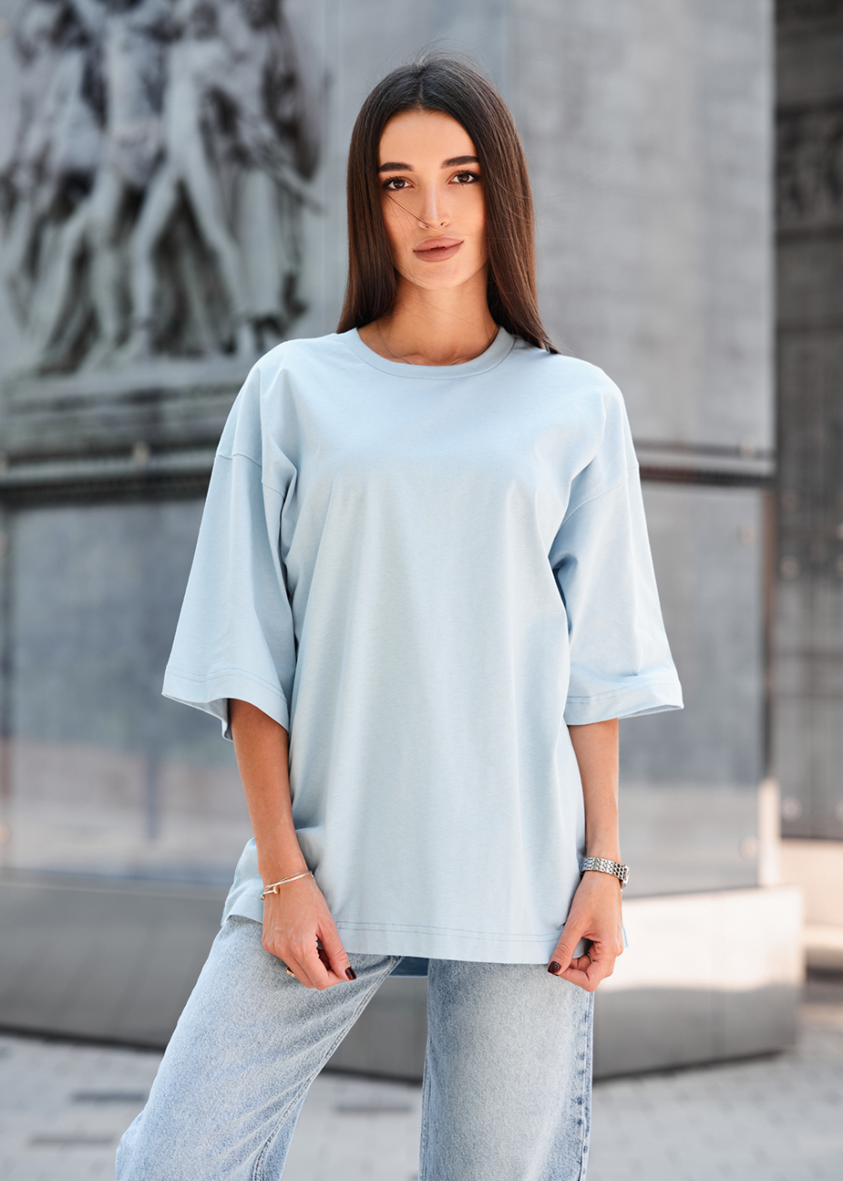 Футболка жіноча Staff ri light blue oversize блакитна оверсайз молодіжна бавовняна з довгими ...