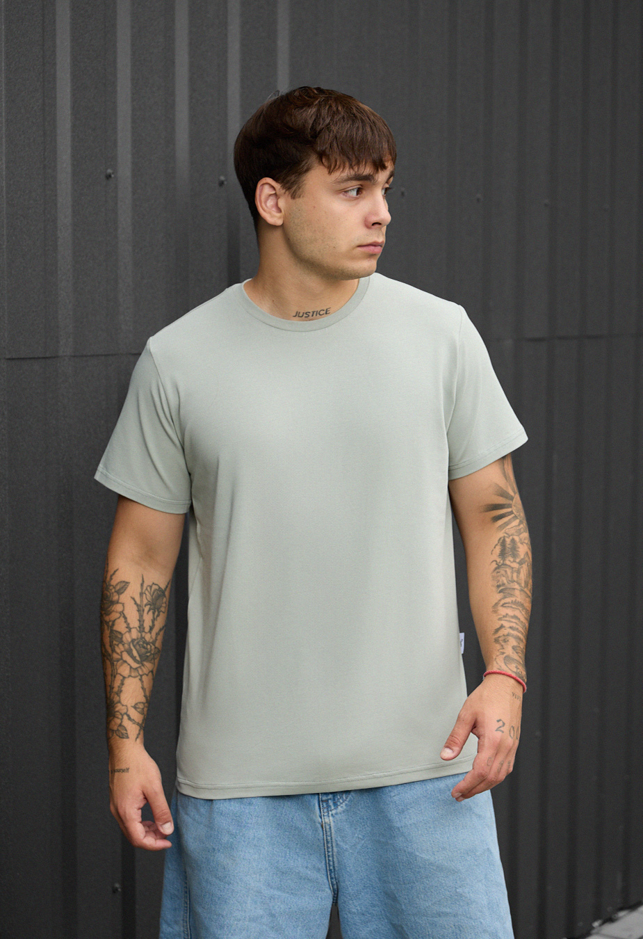 Футболка чоловіча Staff pi gray olive сіро-оливкового кольору лайкра однотонна бавовна молодіжна ...